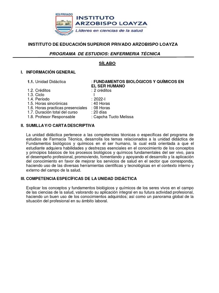 Silabo Fundamentos Enf Tec | PDF | Organismos | Lípido