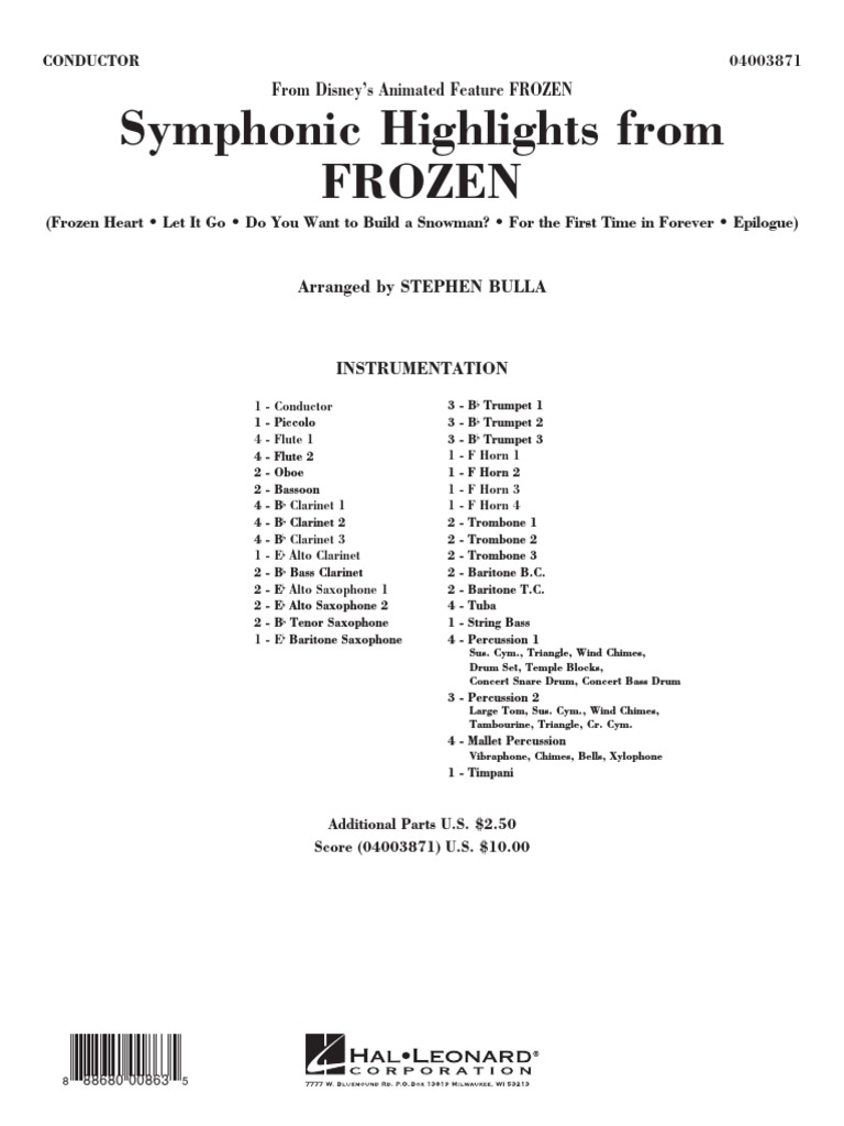 Symphonic Highlights From FROZEN - Arr. Stephen Bulla - Score + Parts ...