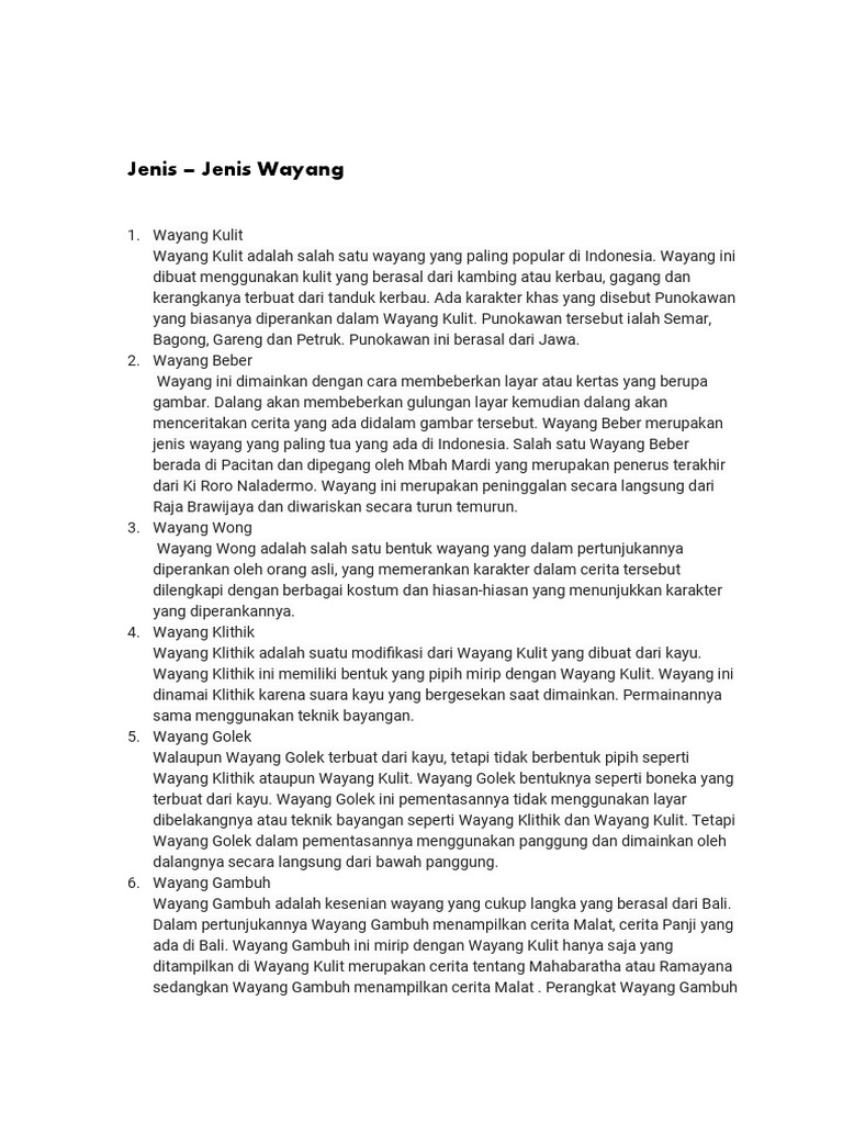 Bahasa Jawa (Jenis Jenis Wayang) | PDF