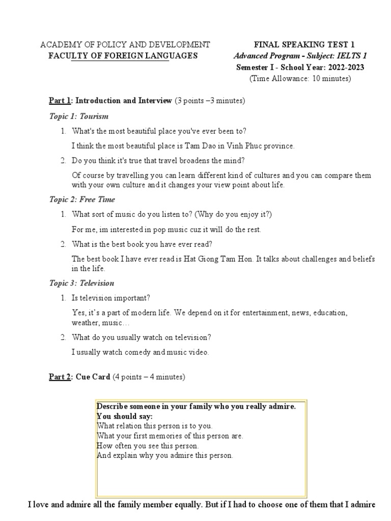 IELTS 1-Speaking Test Questions | PDF | International English Language ...