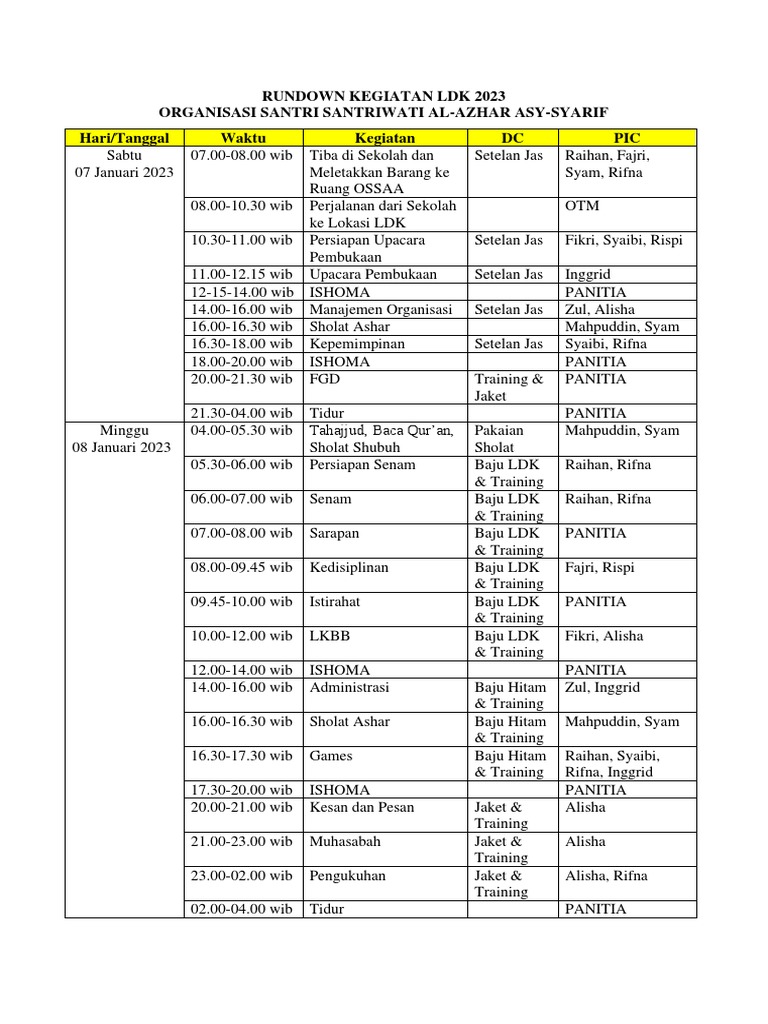 Rundown Panitia LDK 2023 | PDF