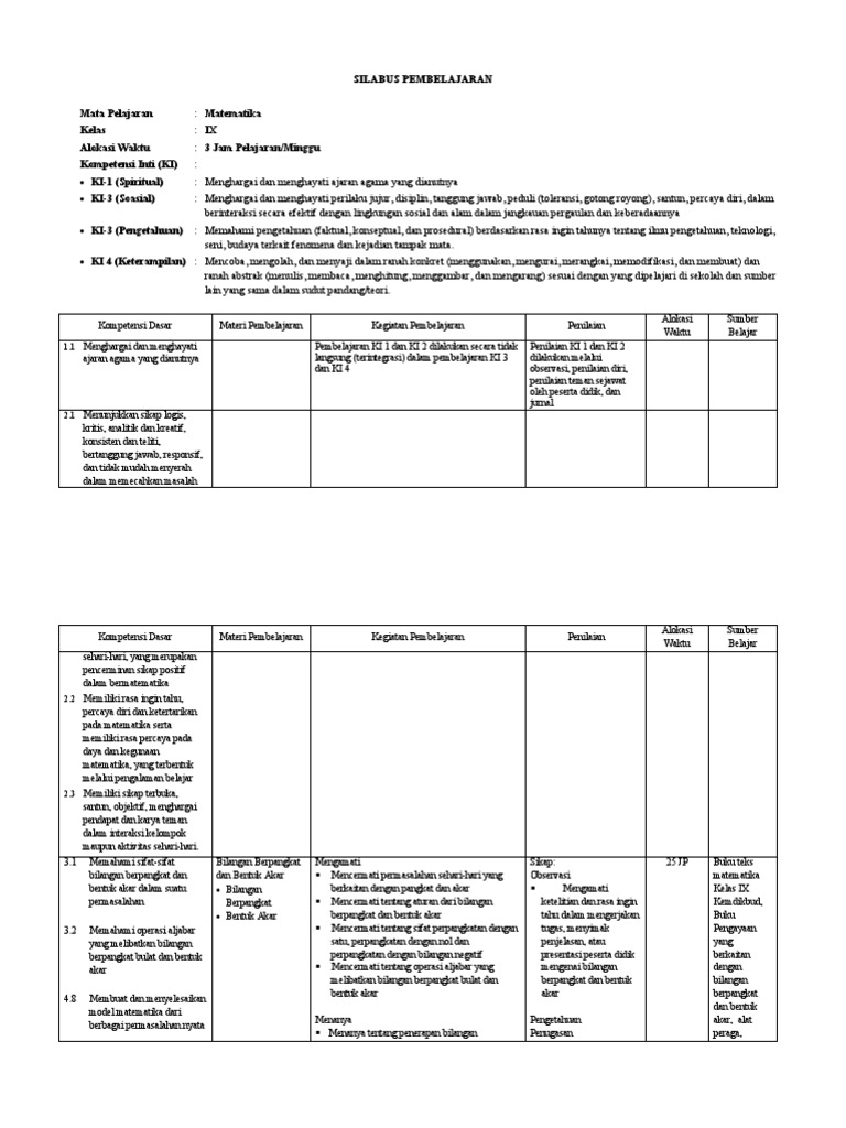 Silabus MTK Kelas 9 | PDF