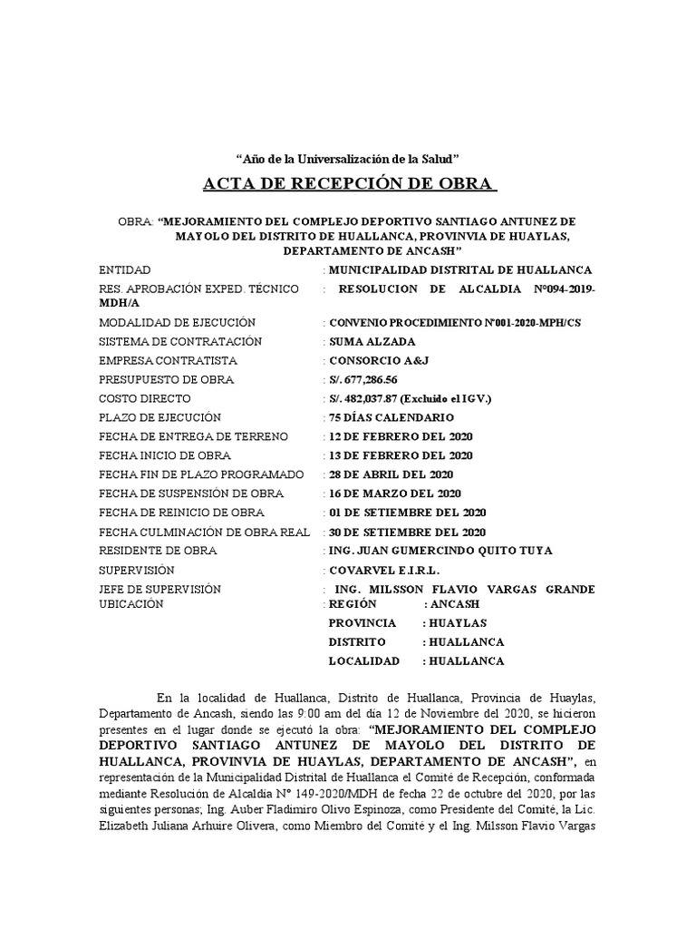 Acta D Recepcion de Obra Complejo | PDF