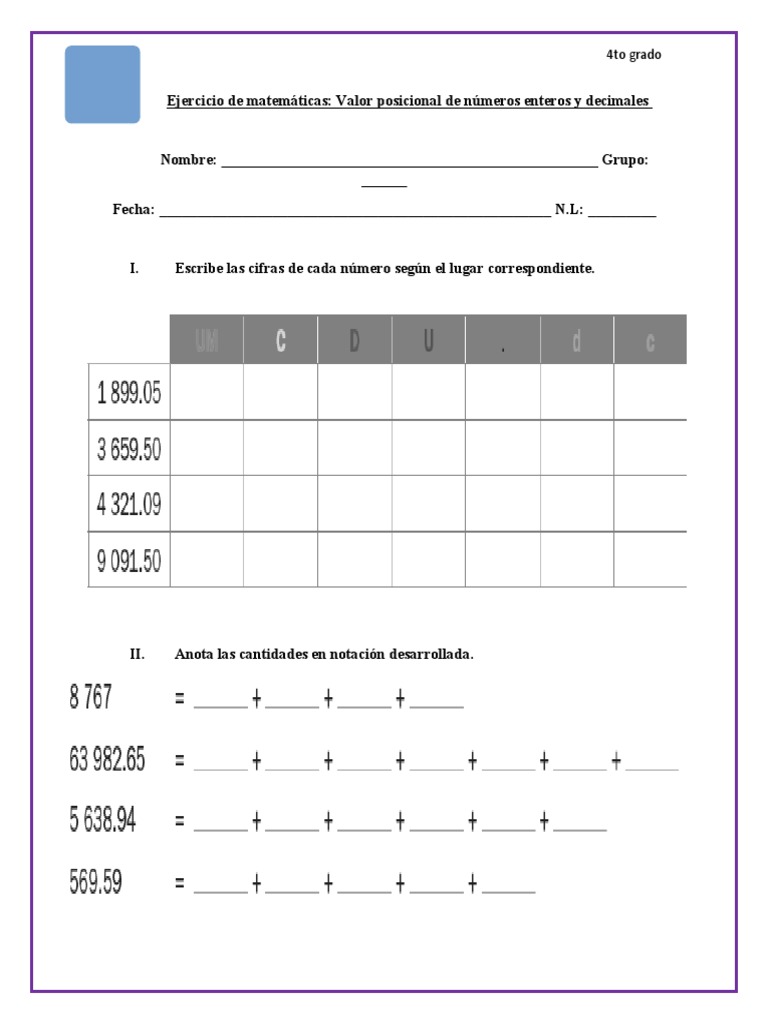 Ejercicio de Números Decimales | PDF