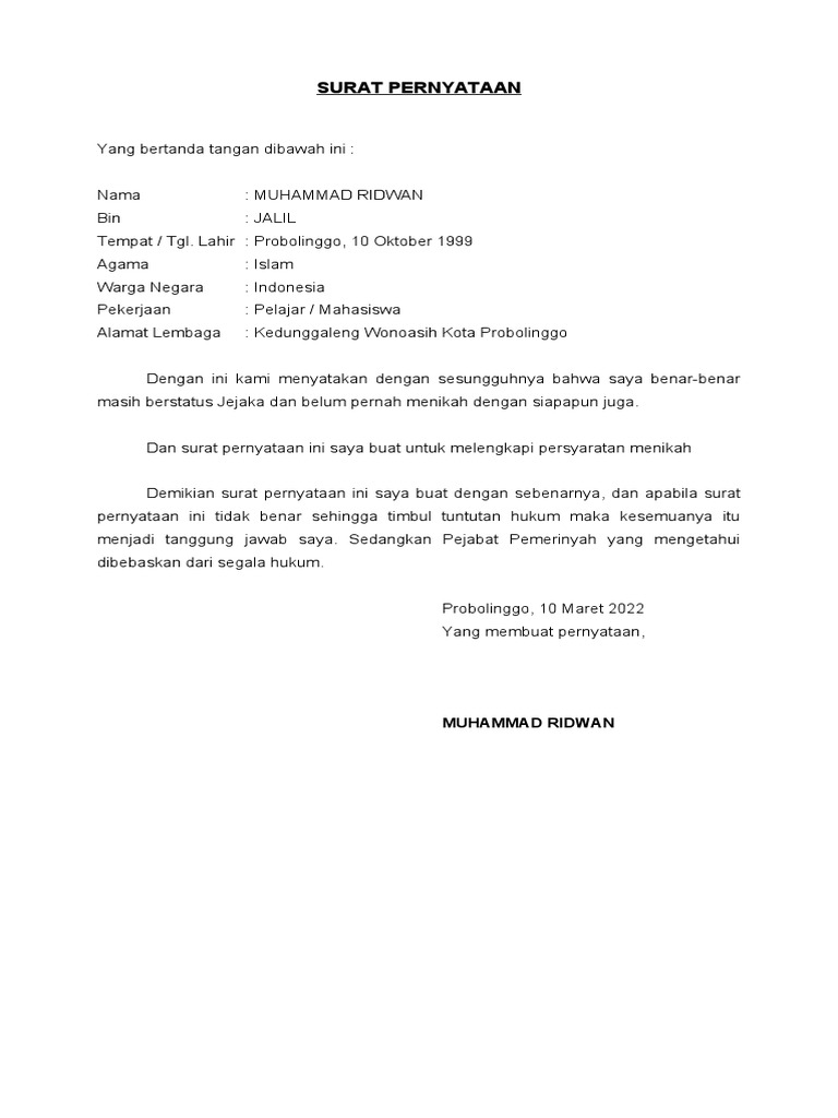 Surat Pernyataan Berstatus Jejaka Atau Perawan | PDF