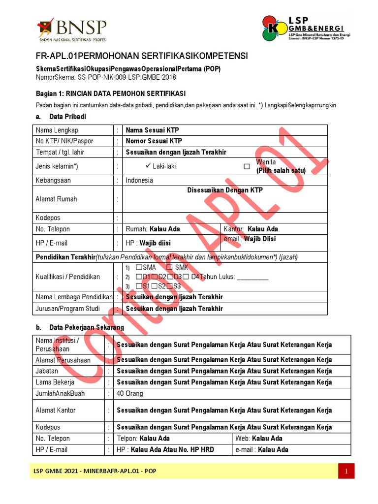 COntoh APL 01 Yang Telah Diisi | PDF