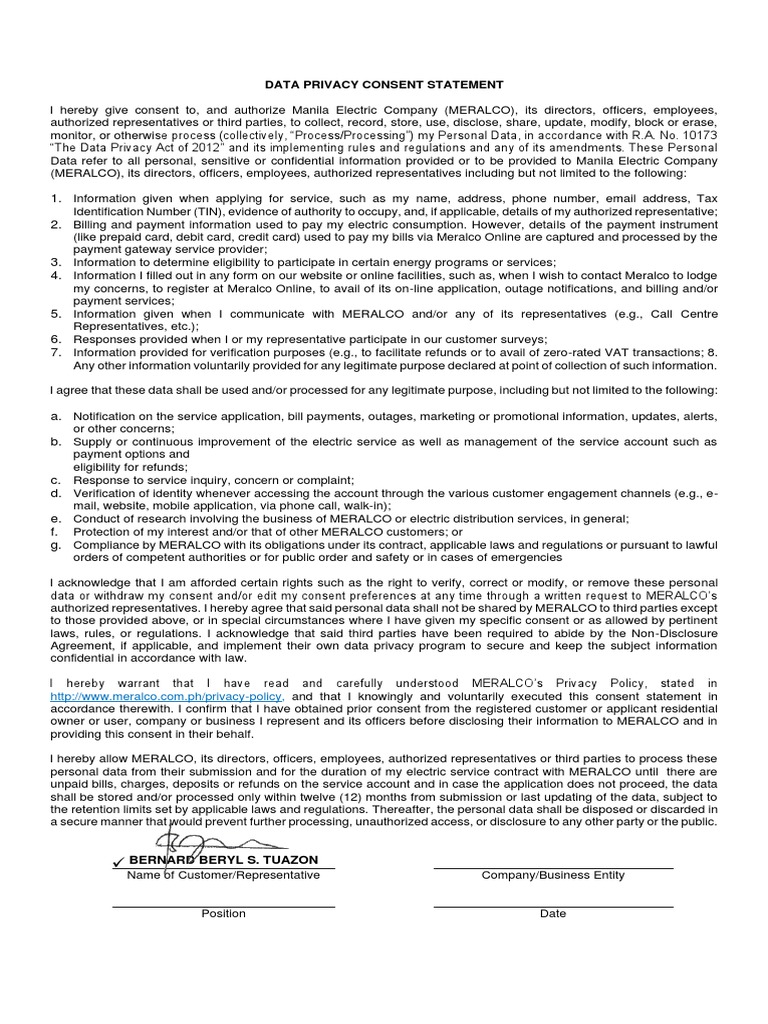 11.2 Meralco - DPA Consent Statement Form2 (TUAZON) | PDF | Privacy ...