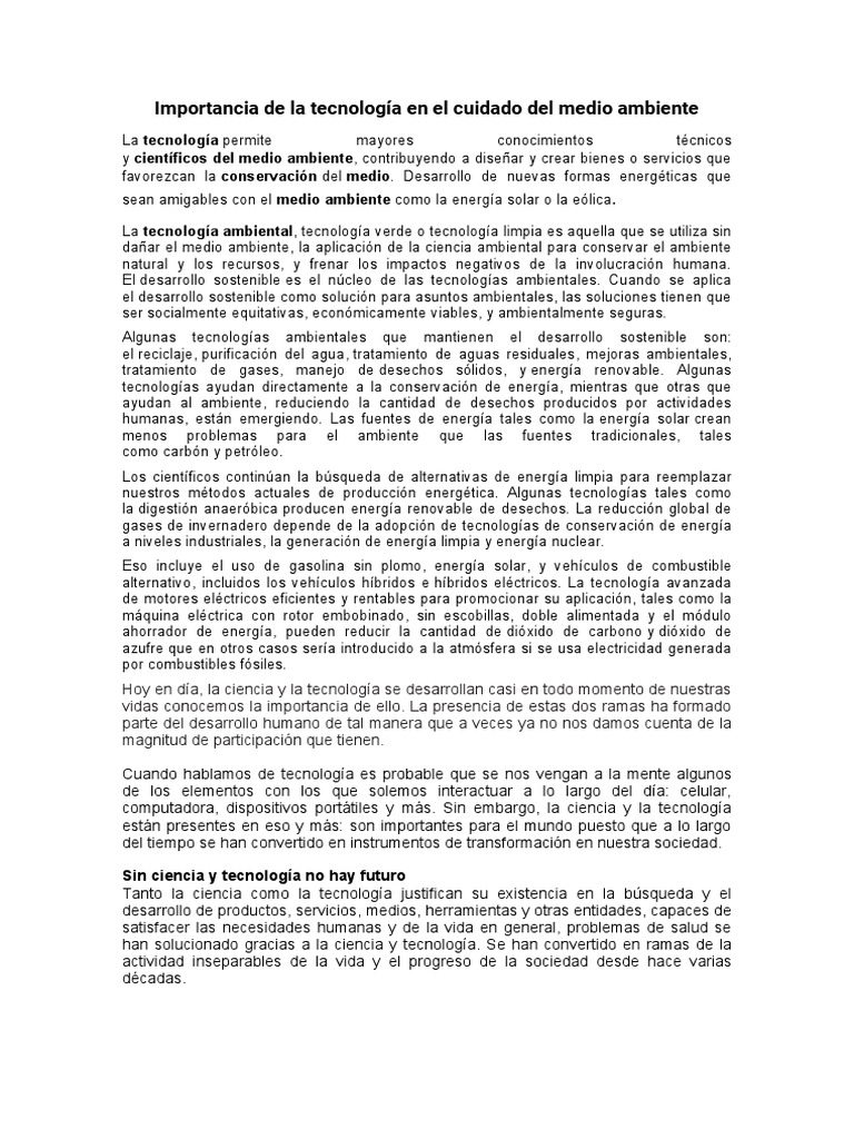 Importancia de La Tecnología en El Cuidado Del Medio Ambiente | PDF ...