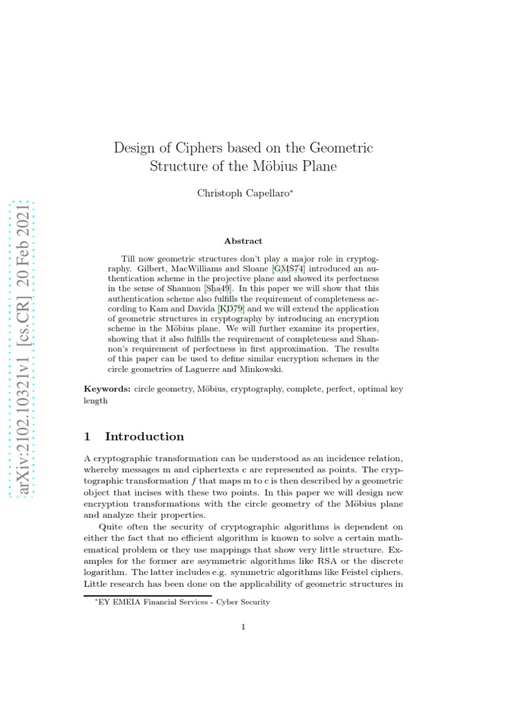 Design of Ciphers Based On The Geometric Structure | PDF | Key (Cryptography) | Cryptography