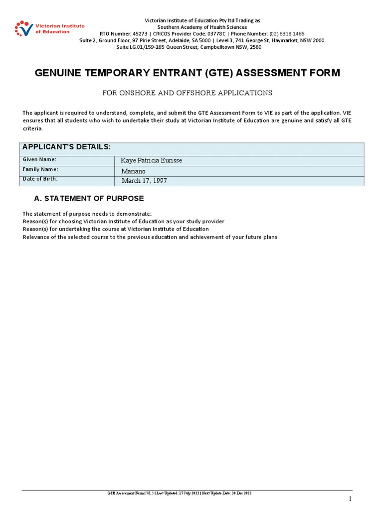 Sample-Vie Gte Assessment Form New | PDF | Cost Of Living | Travel Visa