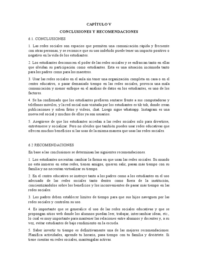 CAPÍTULO VI Conclusiones y Recomendaciones | PDF | Redes sociales | Cultura popular y estudios ...
