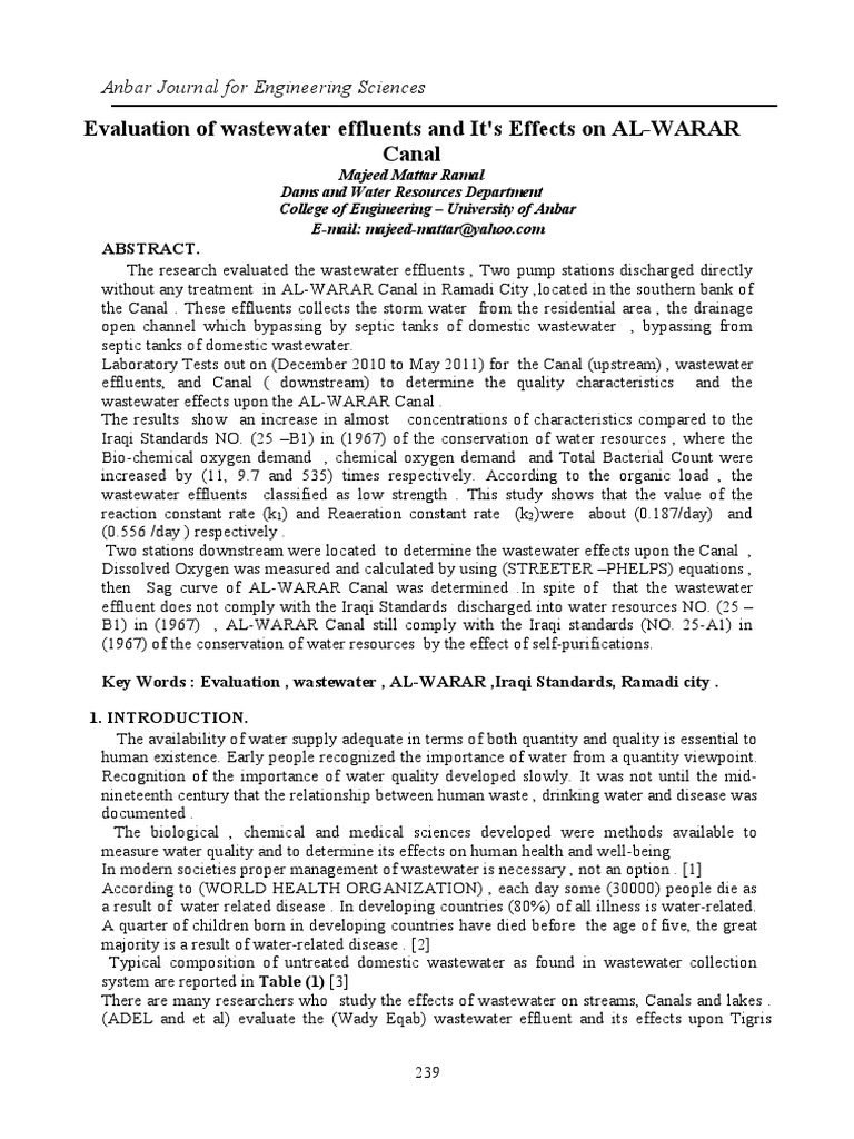 Evaluation The Wastewater Effluents and It's Effects Upon AL-WARAR Canal | Download Free PDF ...