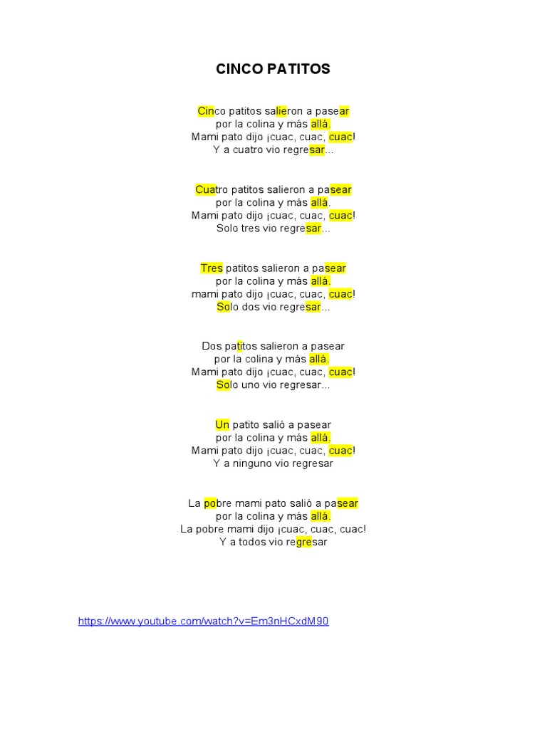 Canción Infantil: Cinco Patitos | PDF
