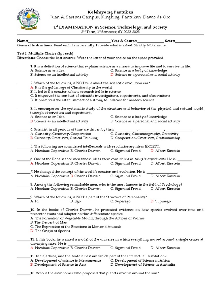1st EXAMINATION in Science Tech and Society | PDF | Science | Science ...