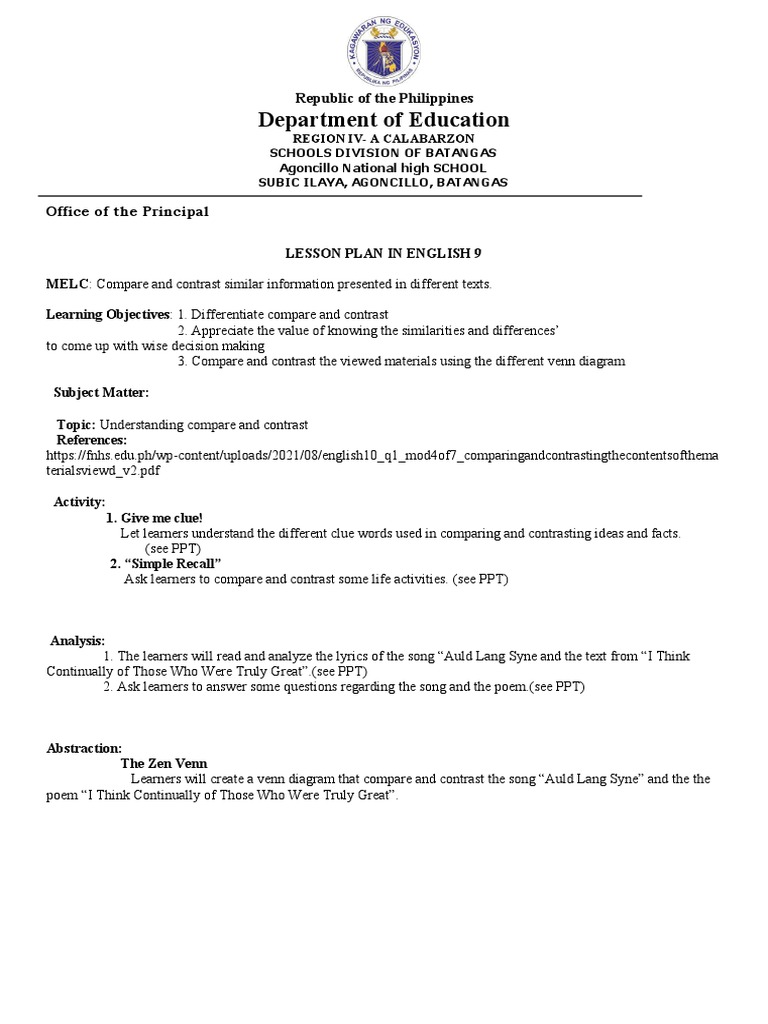 English 9 Lesson Plan: Compare & Contrast | PDF