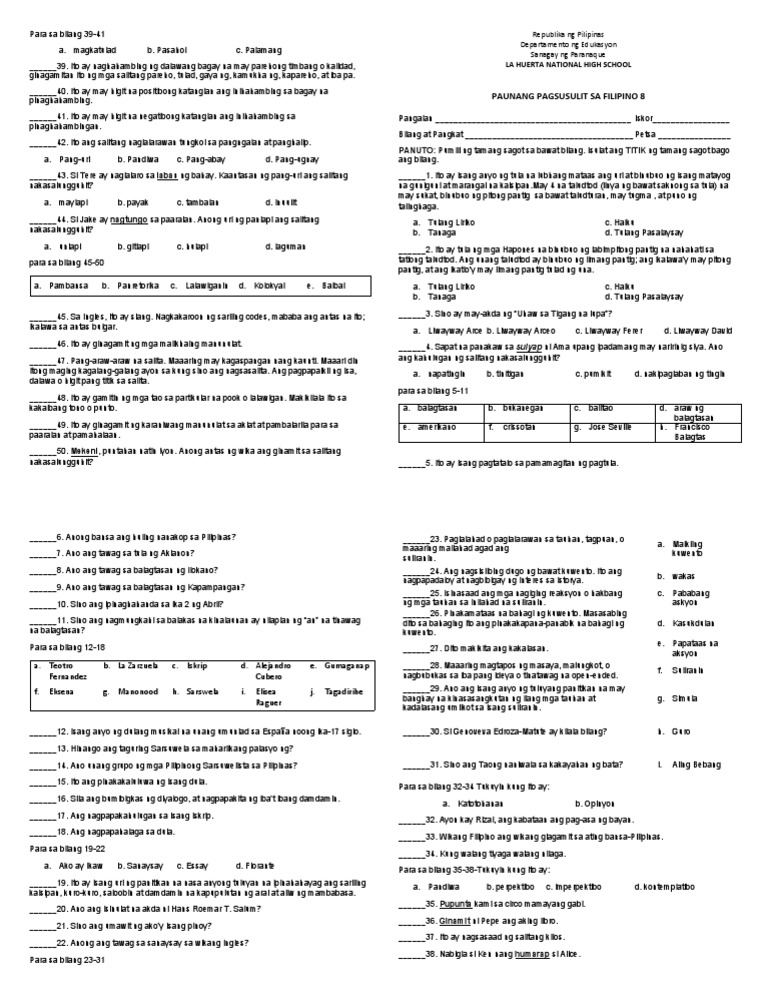 Paunang Pagsusulit Fil 8 | PDF
