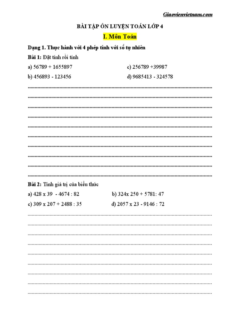 Bai Tap Tet Mon Toanlop 4 Nam 2023 | PDF