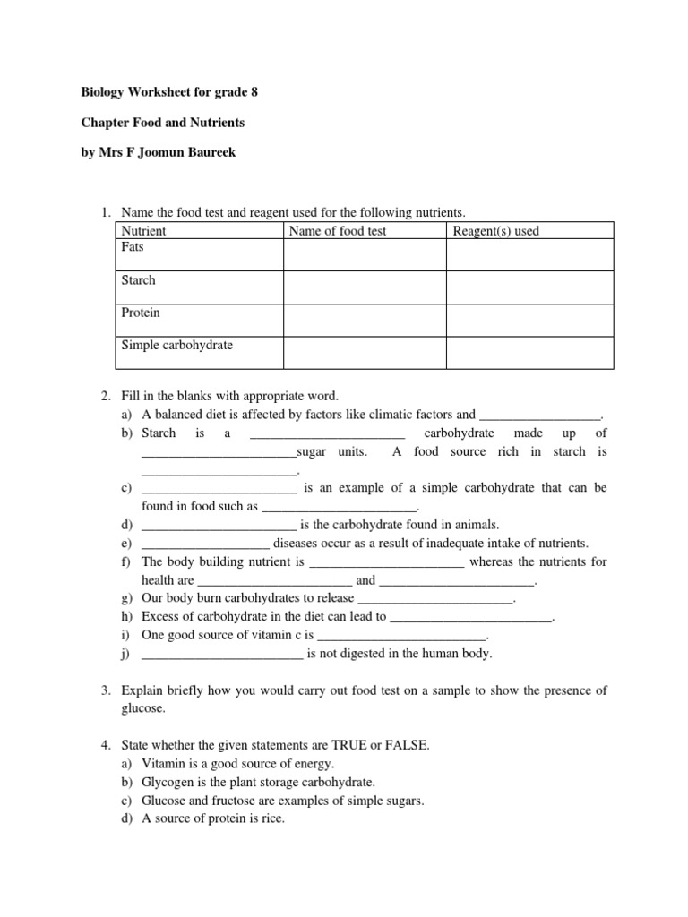 Nutrients for Health: A Biology Worksheet on Food and Nutrients for ...