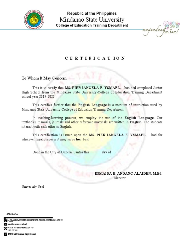 Certificate of Graduation (Medium of Instruction) | PDF