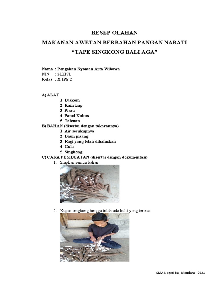 Resep Tape Singkong Bali Aga | PDF | Memasak, Makanan, & Anggur