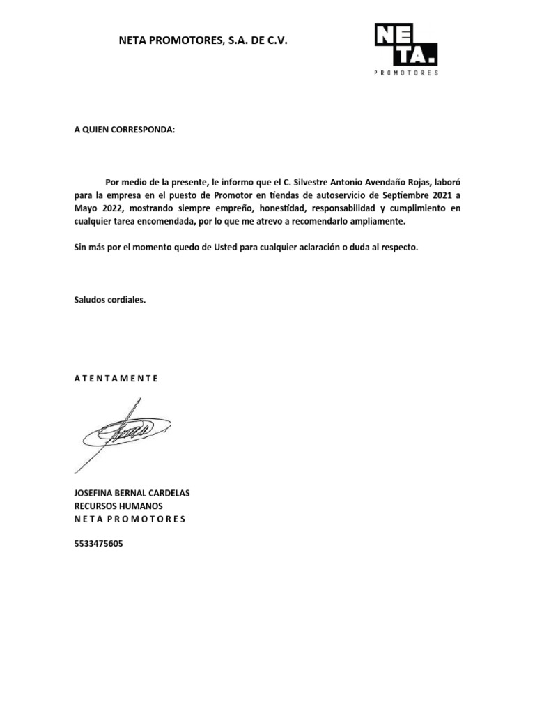 Carta de Recomendacion - Neta 1 | PDF