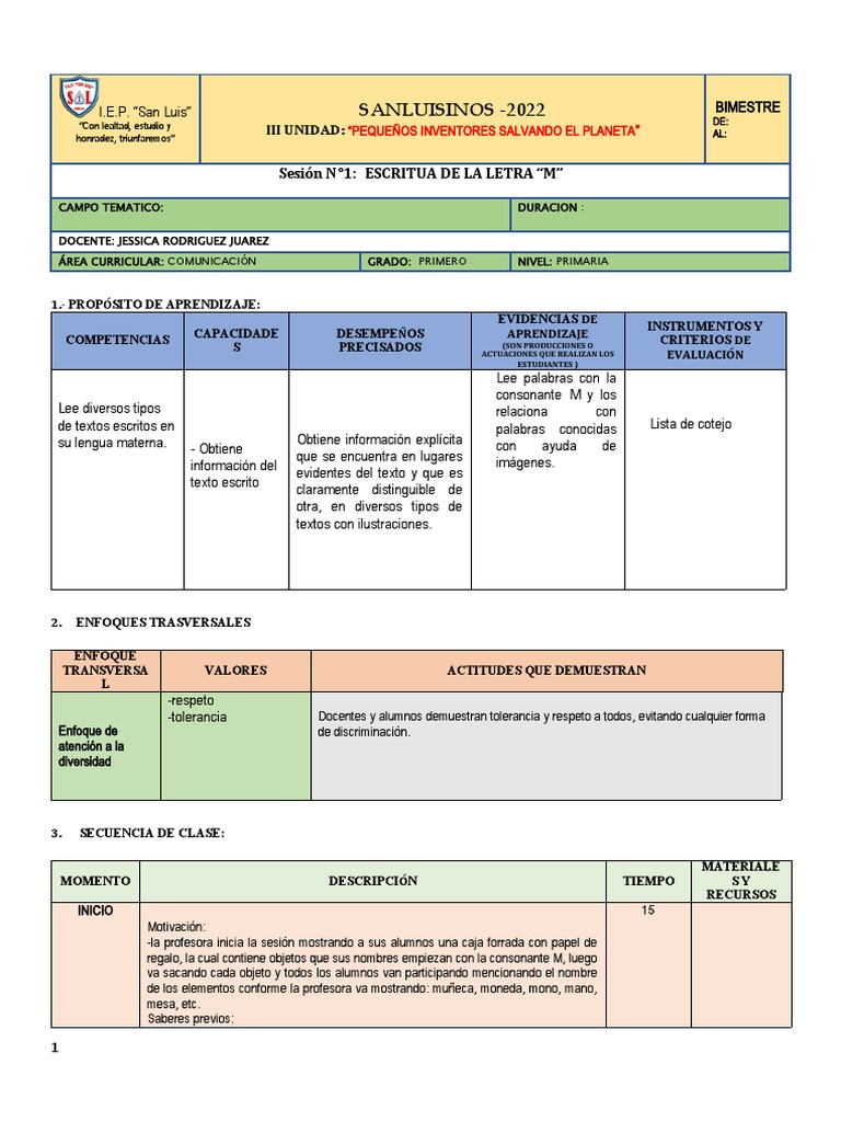 2023 Esquema de Sesion de Aprendizaje | PDF | Evaluación | Modificación de comportamiento