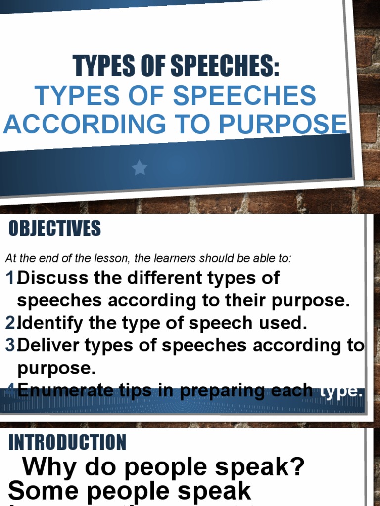 TYPES OF SPEECHES ACCORDING TO PURPOSE | PDF | Public Speaking | Persuasion