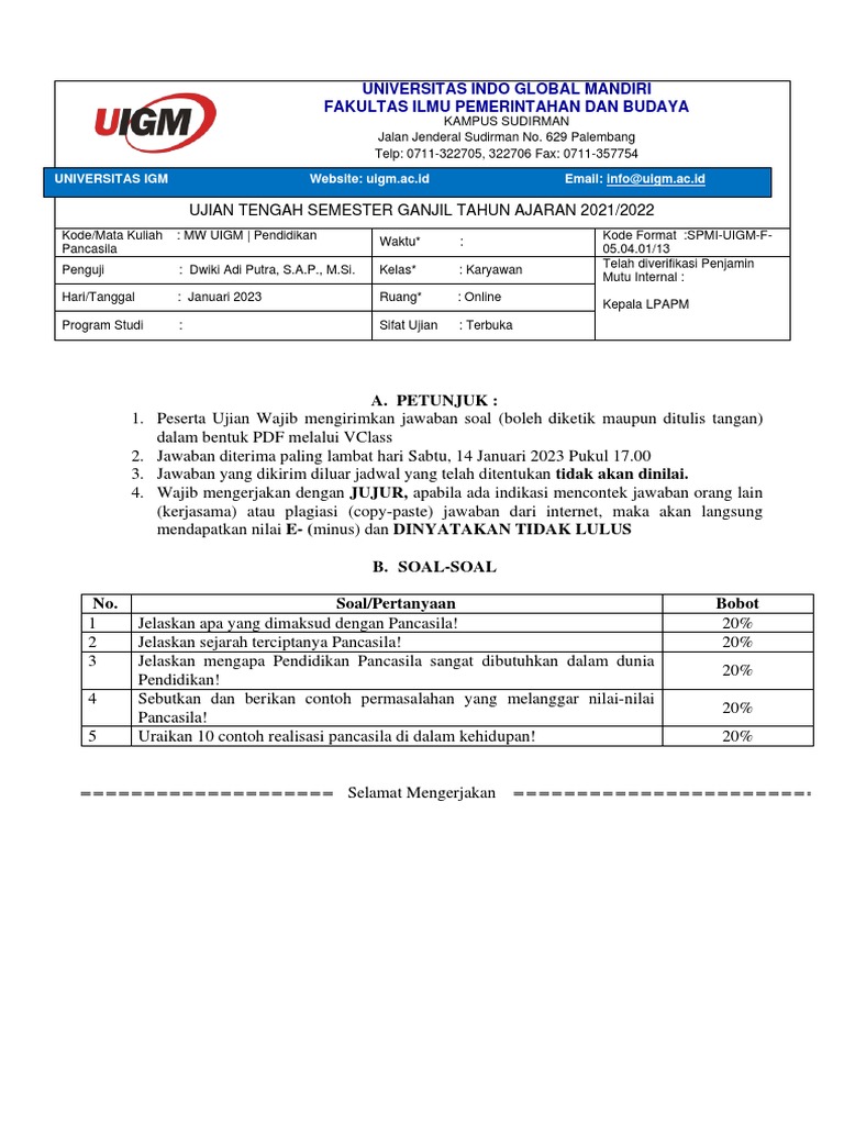 Soal UAS MK Pendidikan Pancasila | PDF