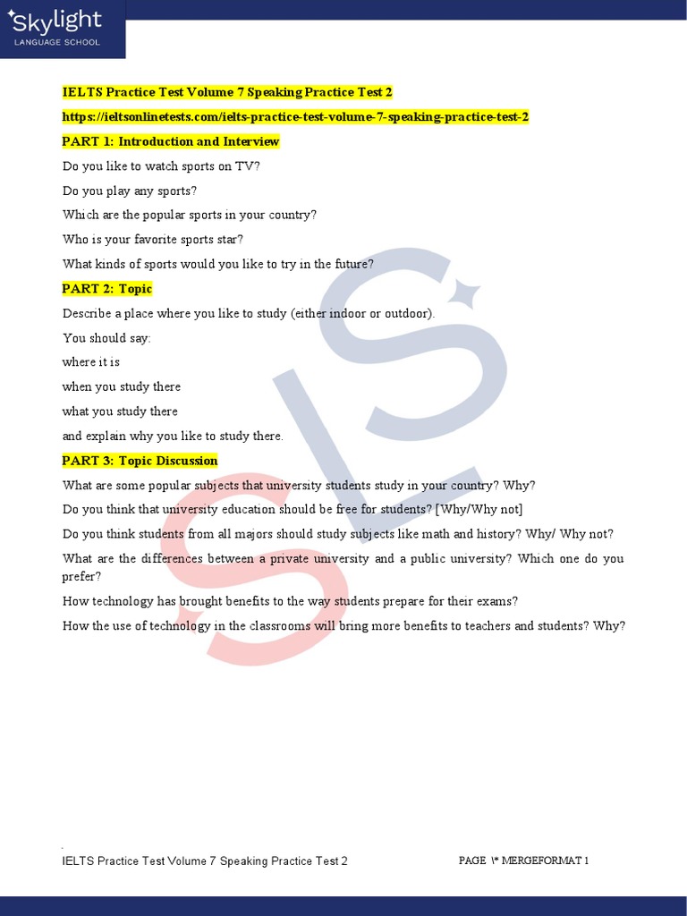 STS - IELTS Practice Test Volume 7 Speaking Practice Test 2 | PDF