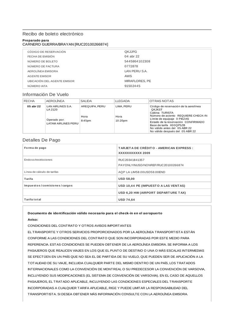 Recibo de Pasaje Electrónico, 05 Abril para BRAYAN CARNERO GUERRA | PDF | Aviación | Compañías ...