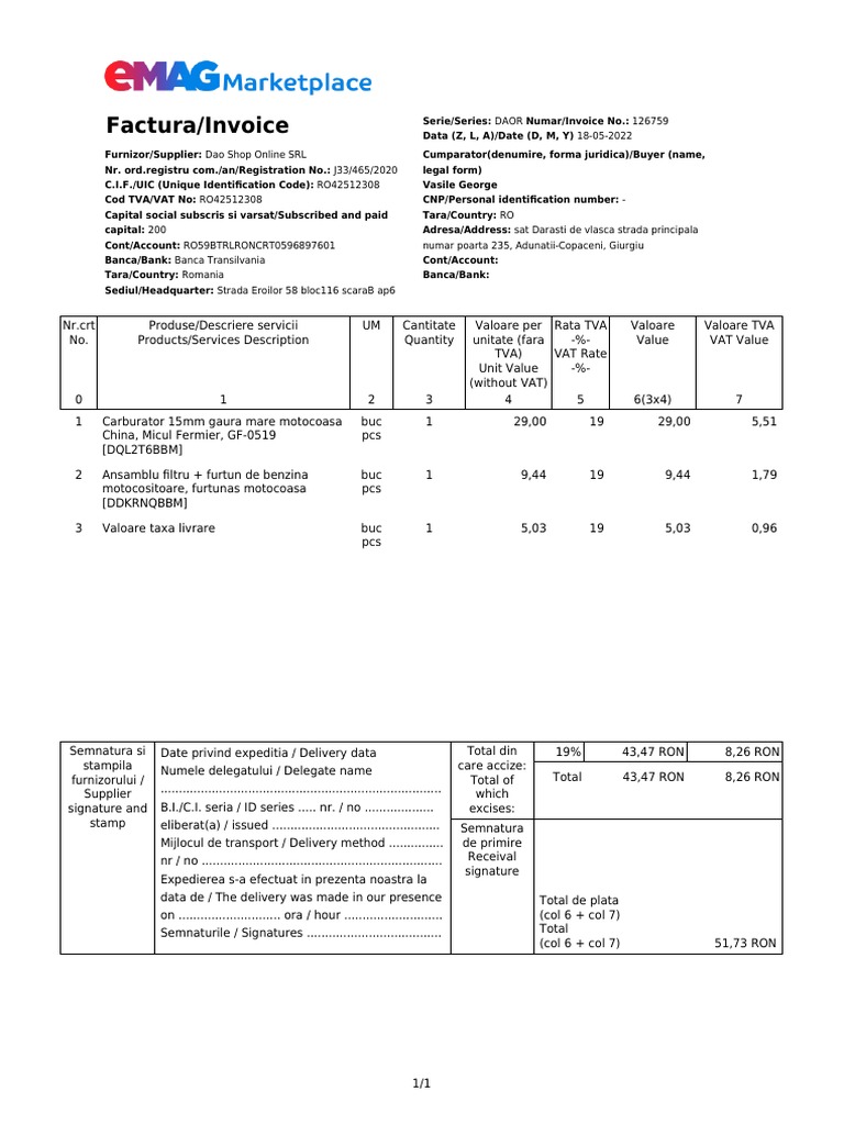 Factura/Invoice: Numar Poarta 235, Adunatii-Copaceni, Giurgiu | PDF ...