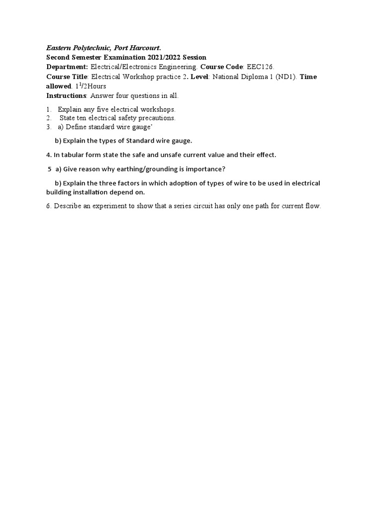 Electrical Workshop Practice 2 Exam | PDF