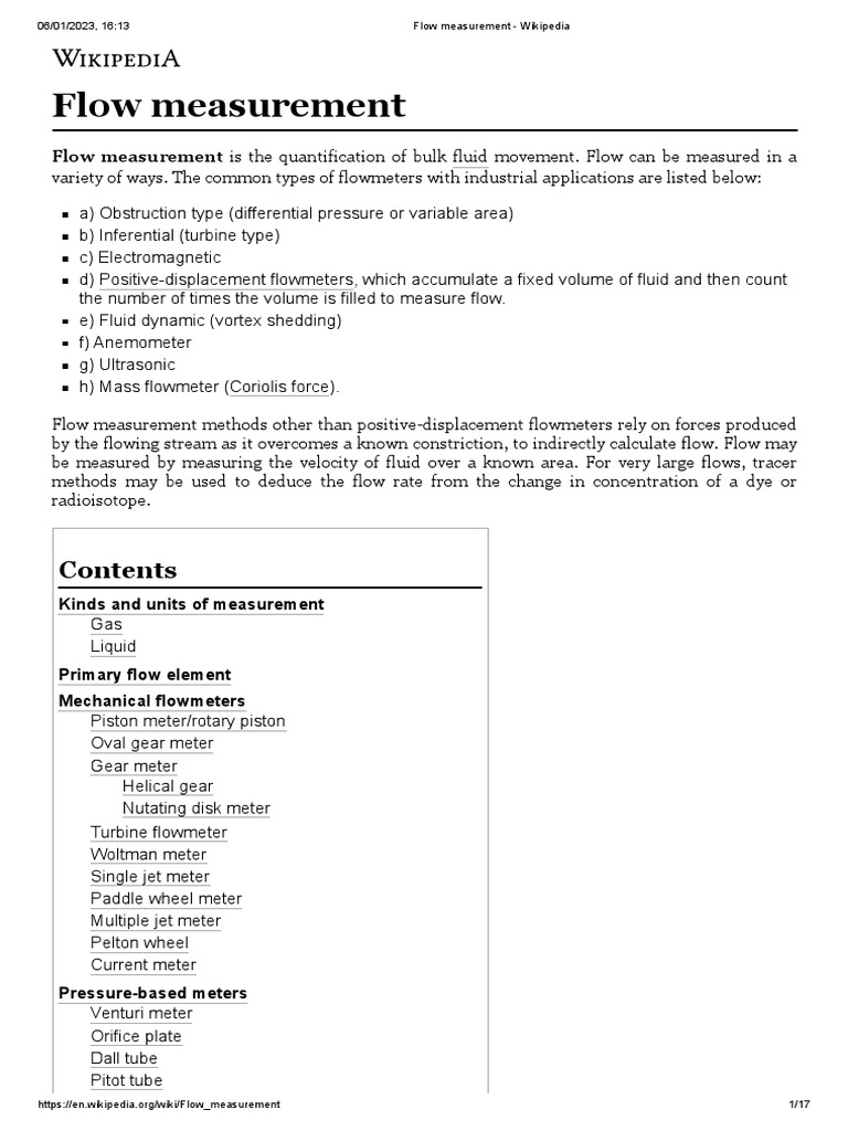 Flow Measurement - Wikipedia | PDF | Flow Measurement | Mechanical ...