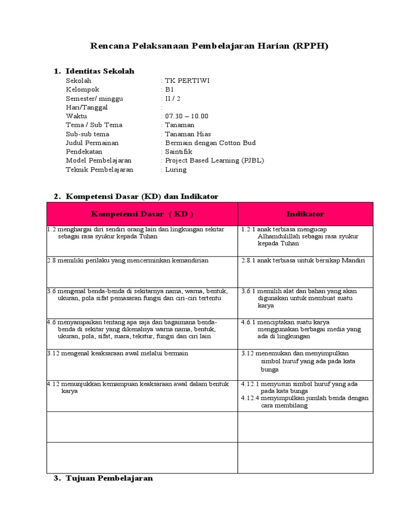 Rencana Pelaksanaan Pembelajaran Harian (RPPH) TK Pertiwi 1 Semester 2 M 4 | PDF