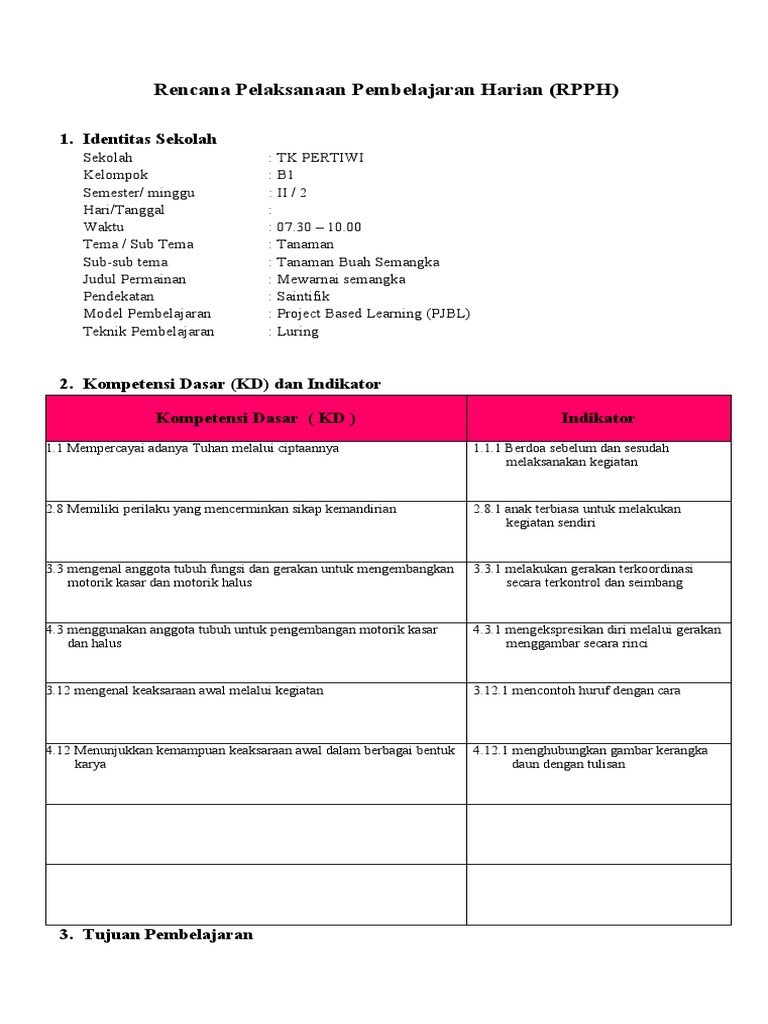 Rencana Pelaksanaan Pembelajaran Harian (RPPH) TK Pertiwi 1 Semester 2 M 3 | PDF | Karier ...