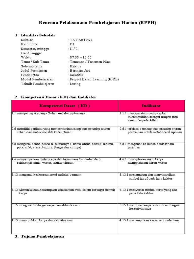 Rencana Pelaksanaan Pembelajaran Harian (RPPH) TK Pertiwi 1 Semester 2 M 5 | PDF