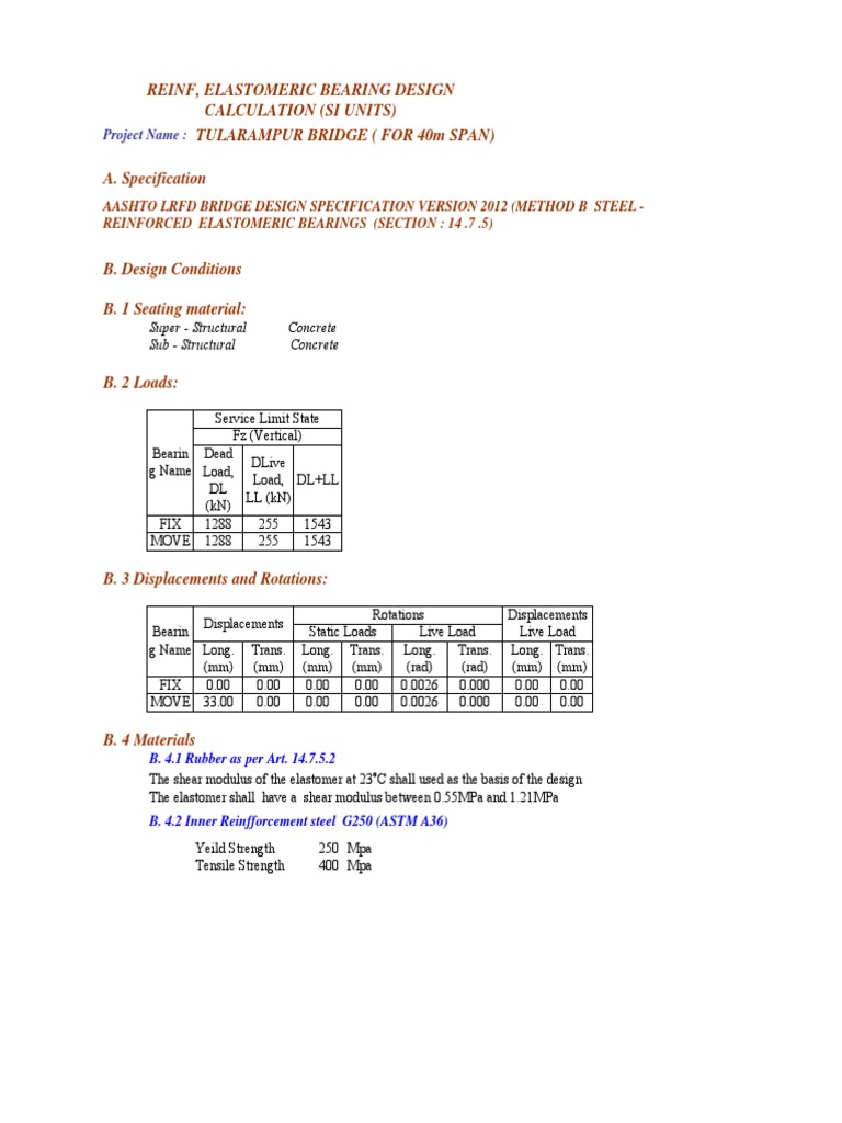 REINF, ELASTOMERIC BEARING DESIGN CALCULATION | PDF | Bearing ...