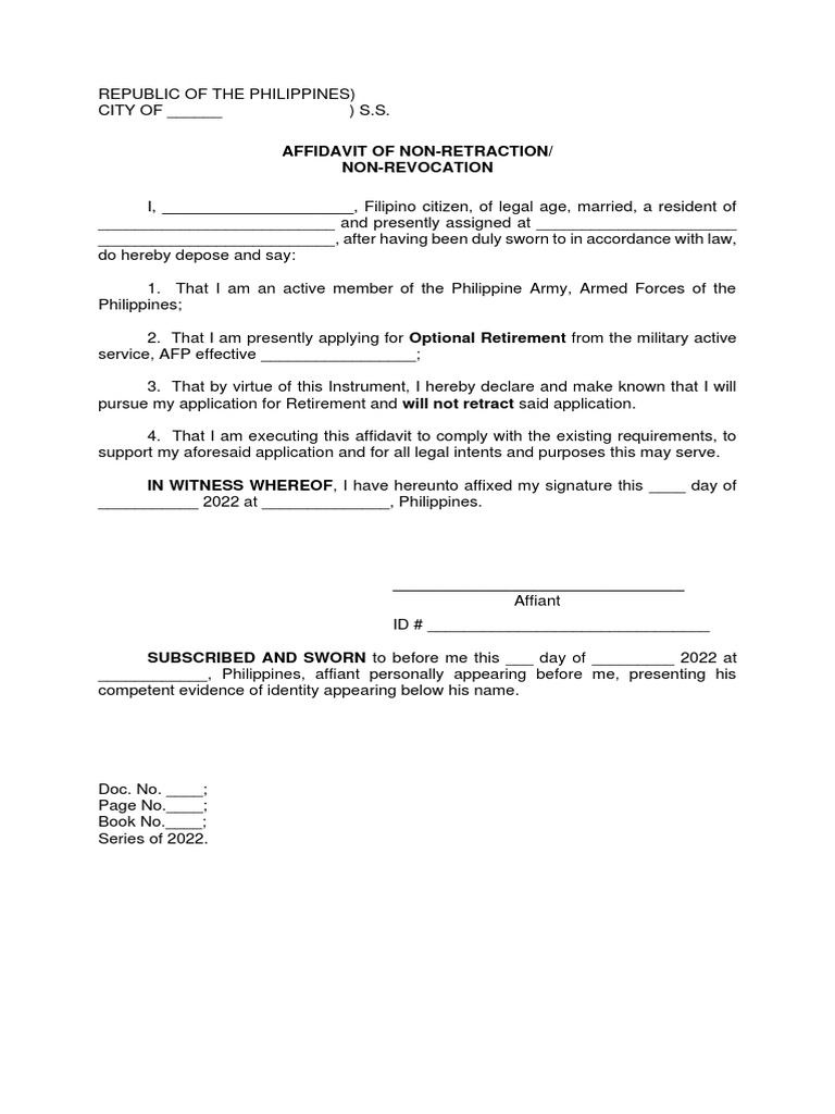 Affidavit of Non-Retraction for Retirement | PDF | Social Science | Law