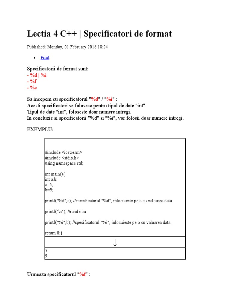 Lectia 4 C++ Specificatori de Format | PDF