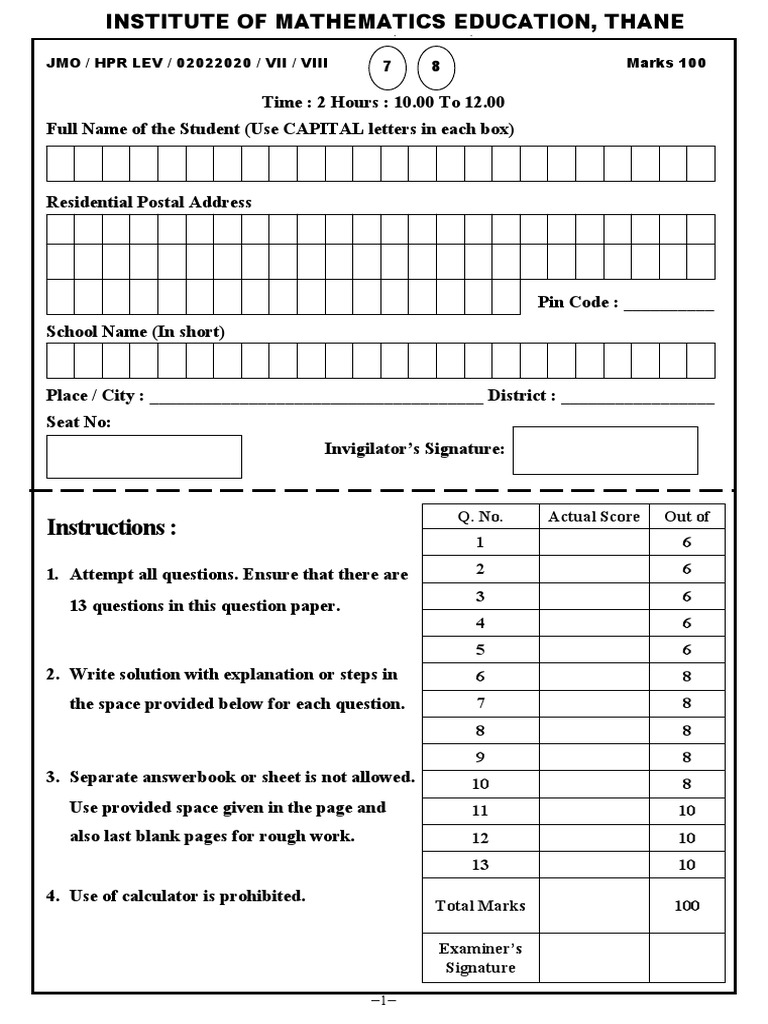 STD 7-8 Jmo-2020 | PDF | Mathematics | Arithmetic