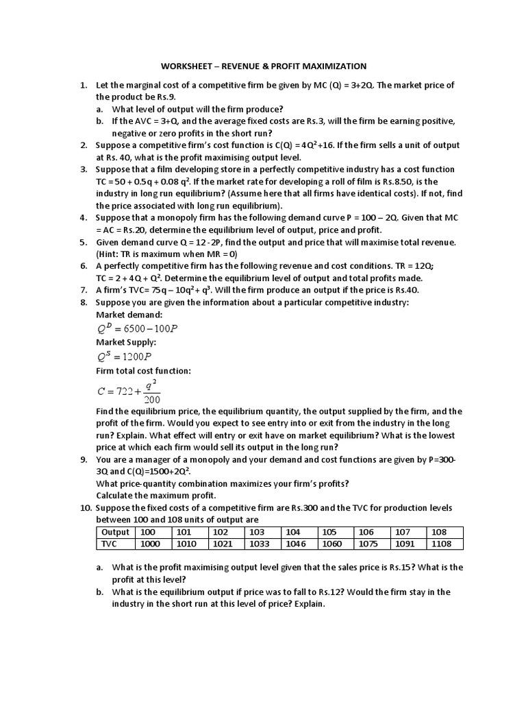 Revenue & Profit Maximization Worksheet | PDF | Profit (Economics ...