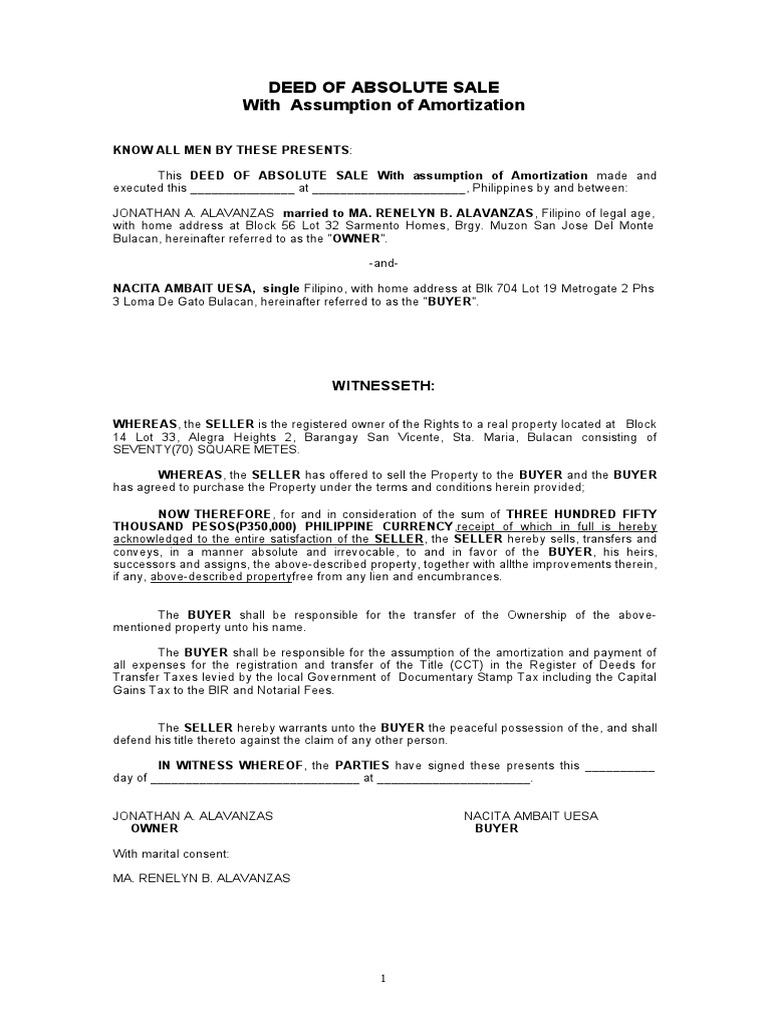 Deed of Absolute Assumption of Amortization | PDF | Deed | Sales