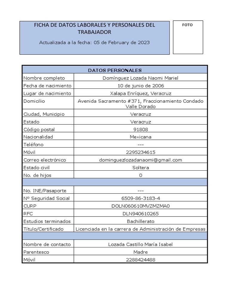 Ficha de Datos Personales Del Trabajador | PDF