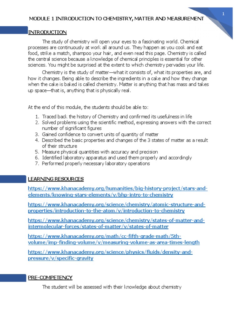 Module 1 Introduction To Chemistry Matter and Measurement | PDF ...