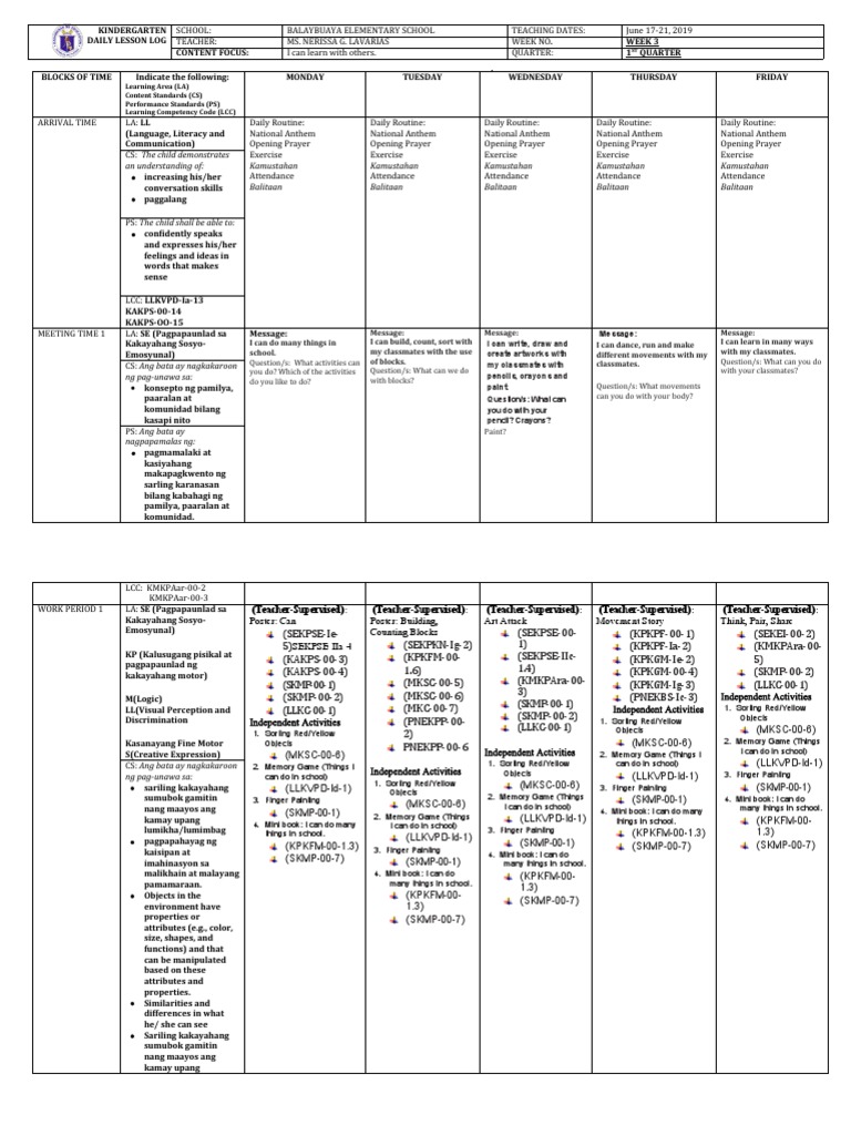 Kindergarten Daily Lesson Plan | PDF | Learning | Teachers