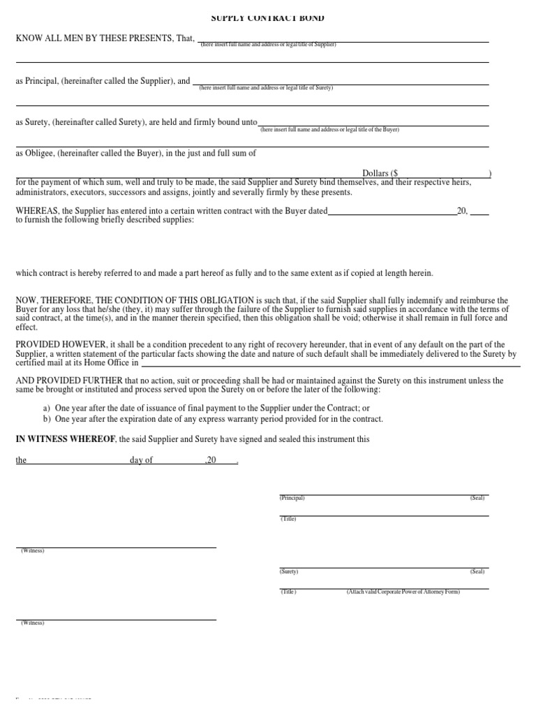 Supply Contract Bond Forms Form | PDF | Surety | Legal Concepts