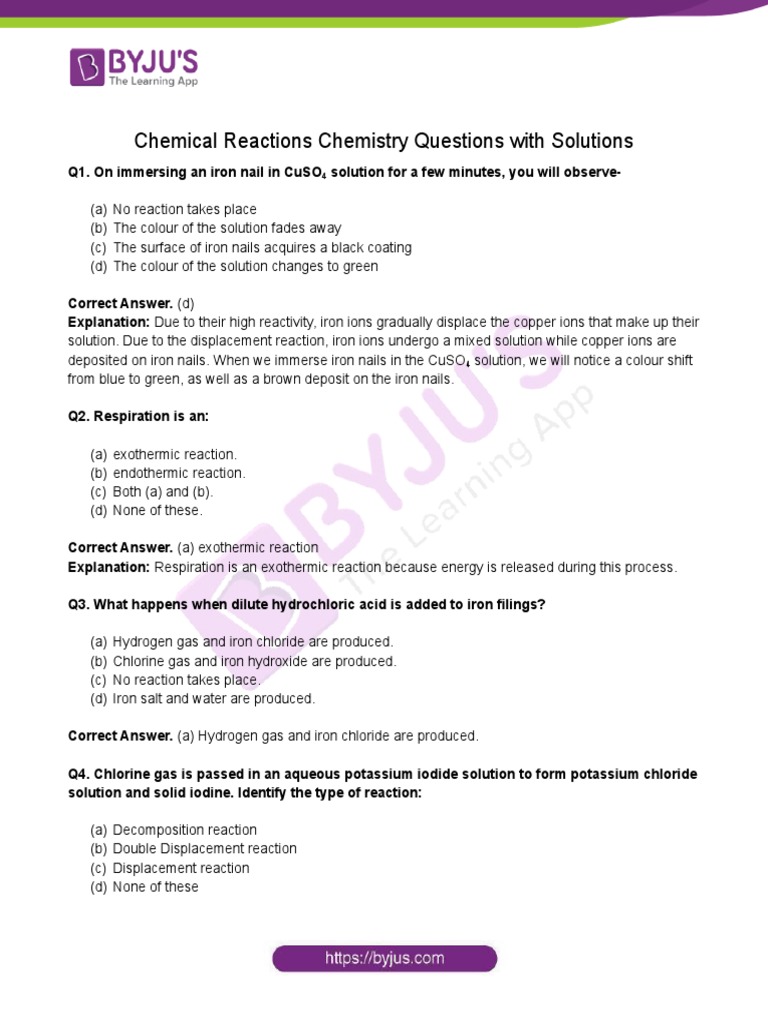 Chemical Reactions Questions | PDF | Chemical Reactions | Chlorine