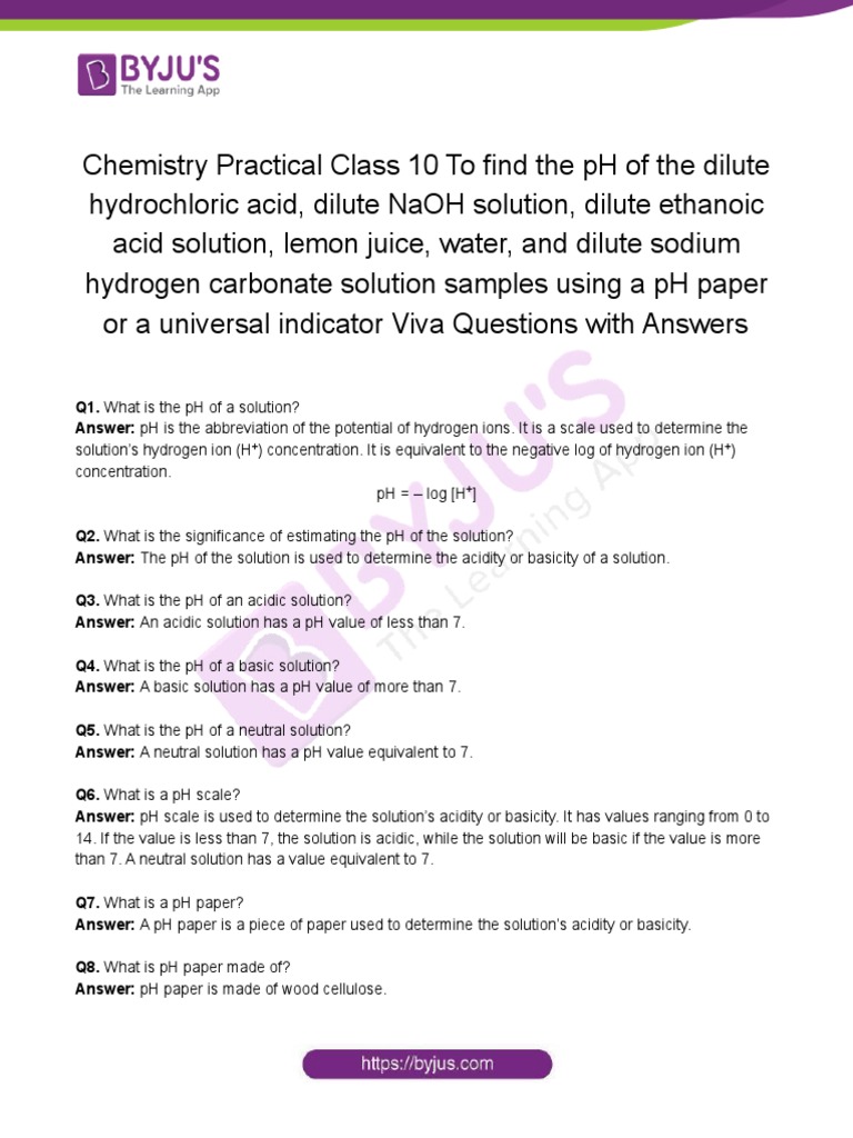 Class 10 Chemistry Viva Questions | PDF | Acid | Ph