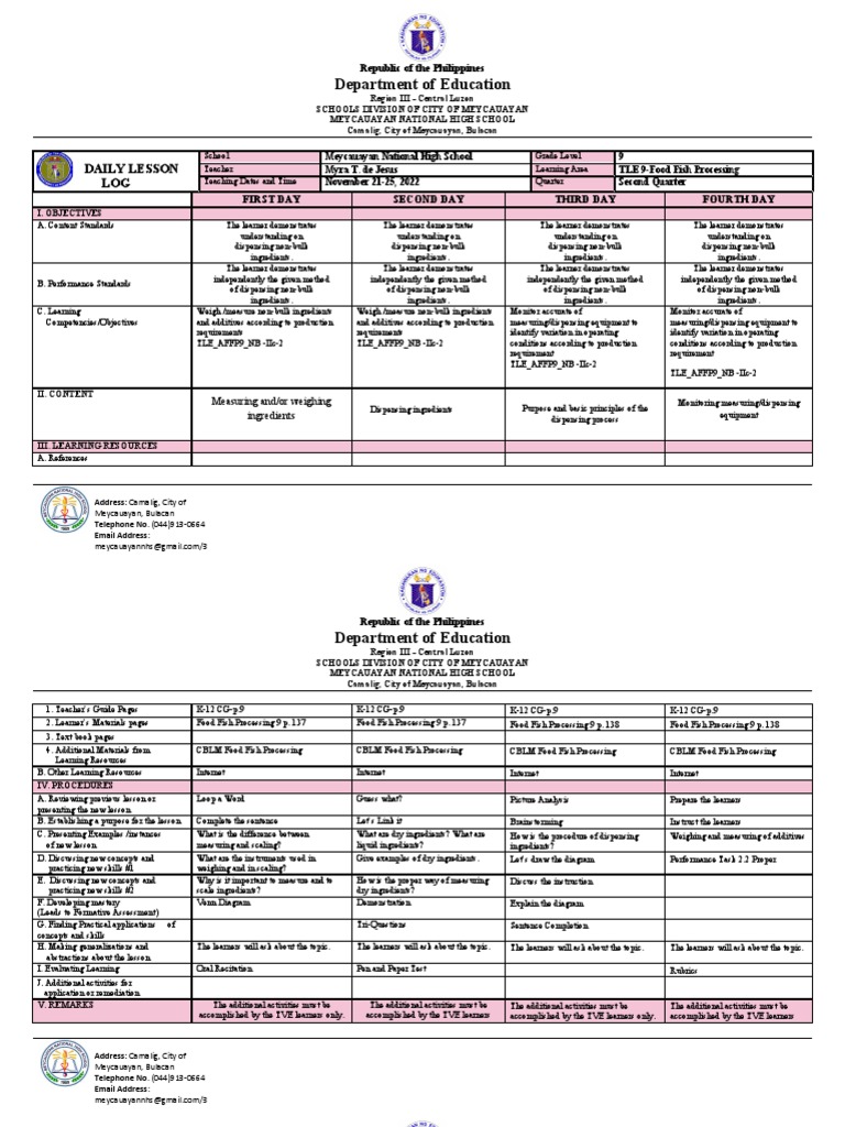 DLL-Food Fish Processing 9-Q2-W3 | PDF | Learning | Internet