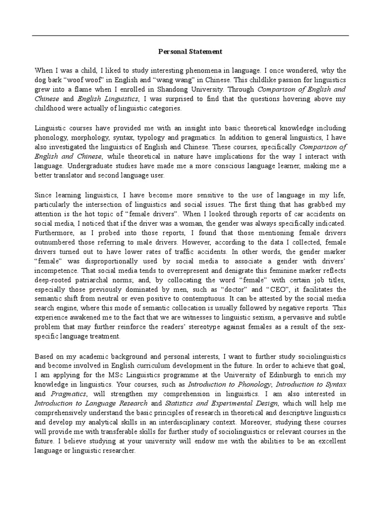 Personal Statement MA - Linguistics | PDF | Linguistics | English Language